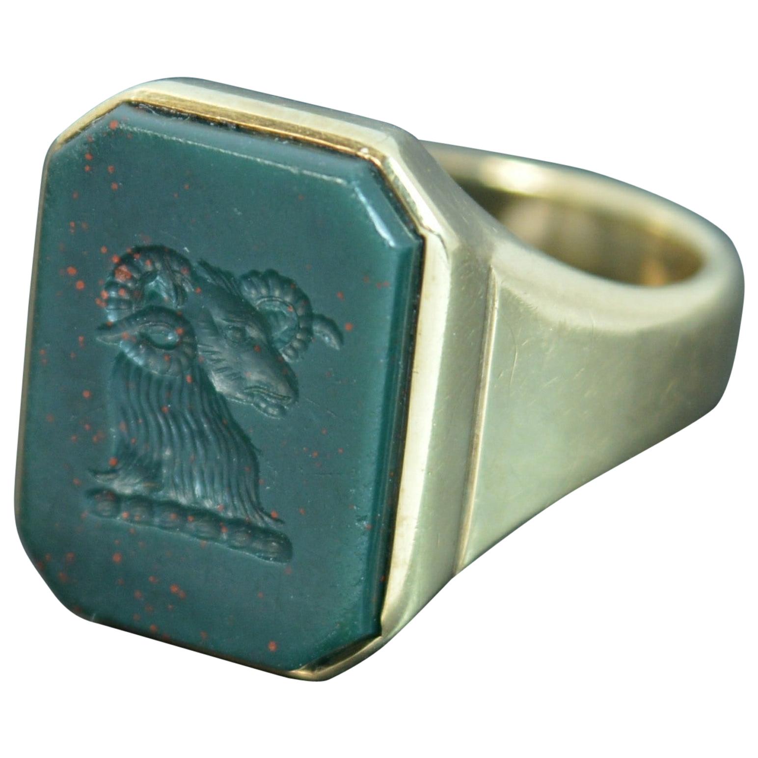 Large Antique Bloodstone Ram Intaglio 9 Carat Gold Seal Signet Ring at ...