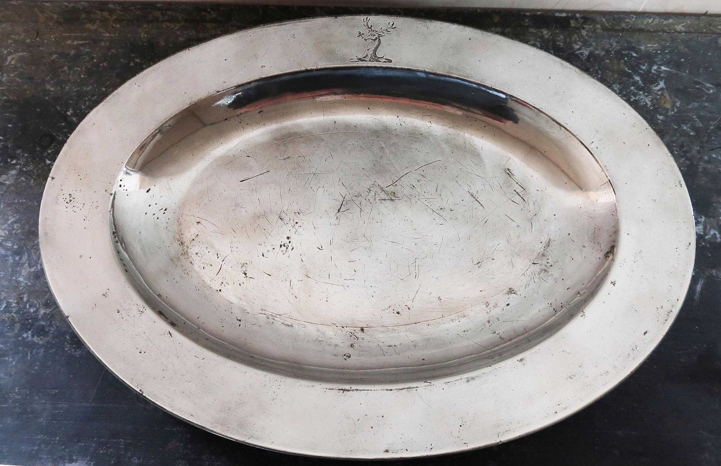 Large Antique Brightly Polished Pewter Oval Charger with Armorial ...