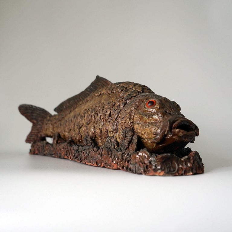 Large Antique Glazed Studio Pottery Ceramic Grotesque Fish Sculpture, c ...