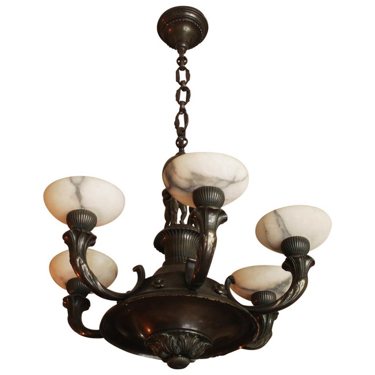 Large Antique Cherub Figural Alabaster and Bronze Six Light Chandelier ...