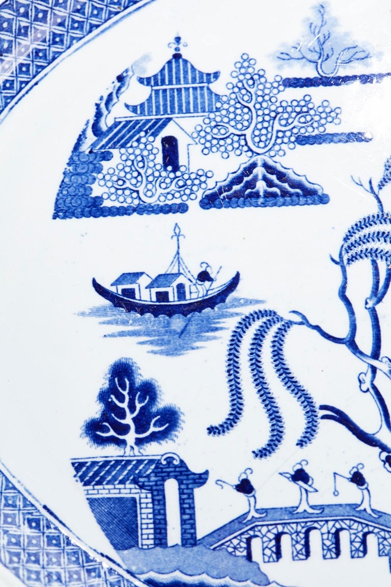 Large Antique Chinese Blue and White Willow Pattern Meat Platter at 1stDibs