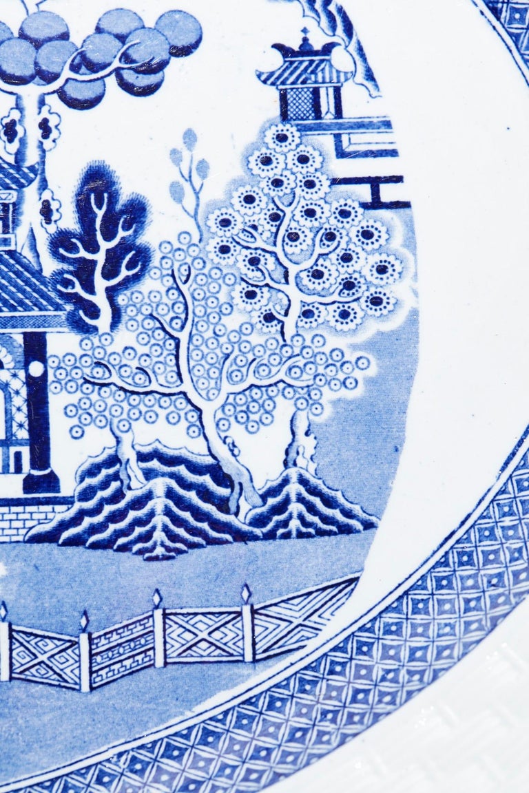 Large Antique Chinese Blue and White Willow Pattern Meat Platter at 1stDibs