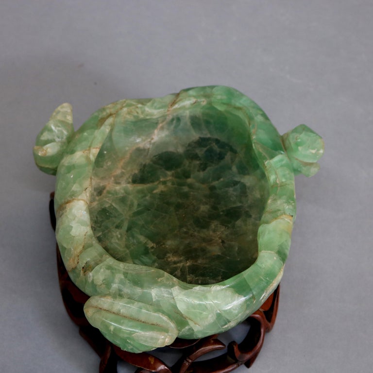Large Antique Chinese Jadeite Gemstone Center Bowl on Carved Hardwood ...