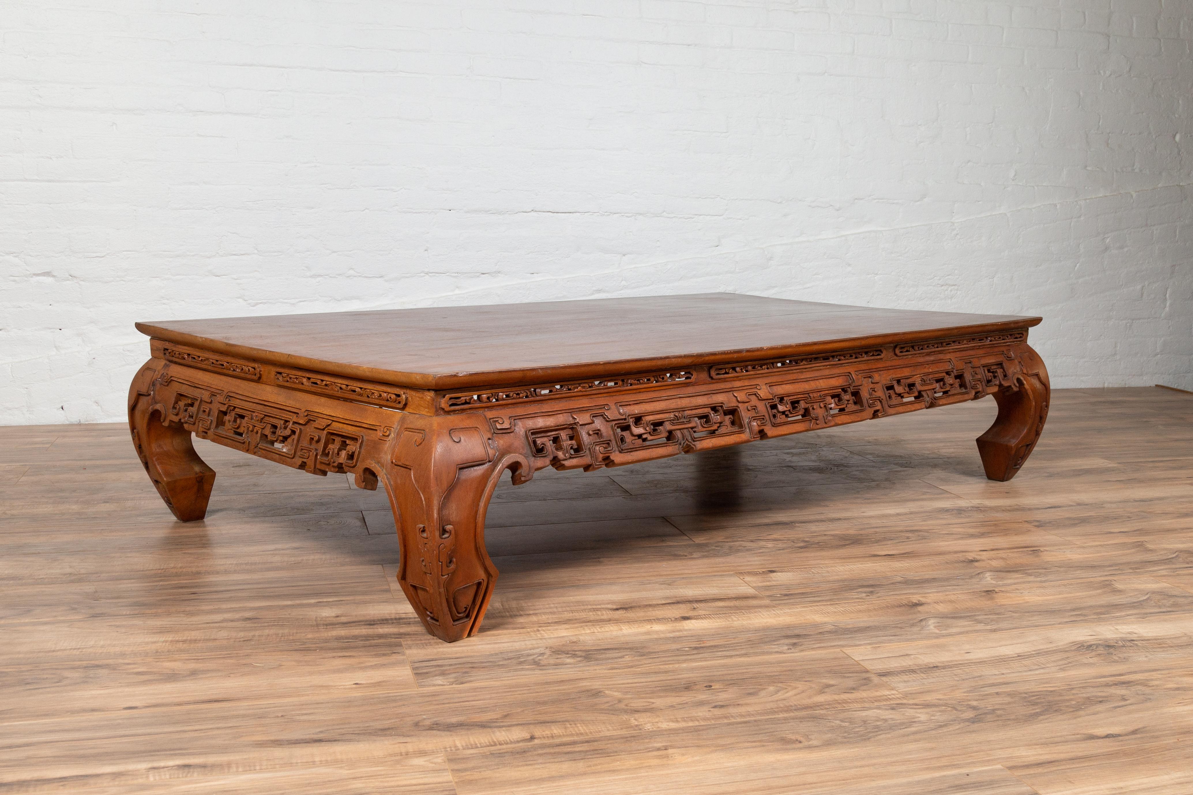 Large Antique Chinese Teak Wood Coffee Table with Hand Carved Scrolled ...