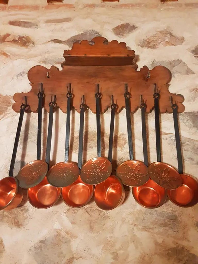 Lage Size, Copper Kitchen Utensils with Wood and Iron Forged Pot Holder ...