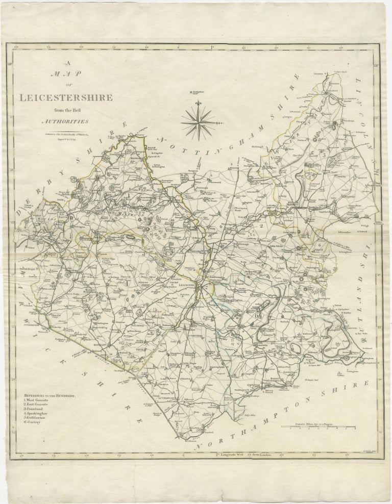 Large Antique County Map of Leicestershire, England, with Outline ...