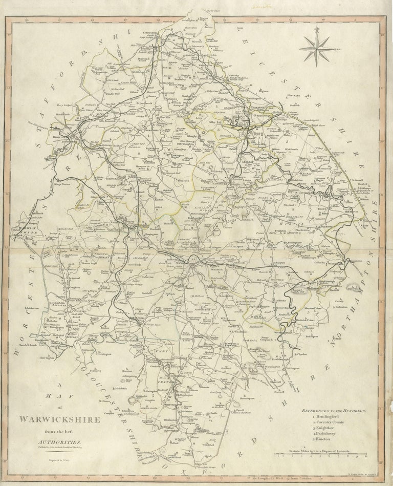 Large Antique County Map of Warwickshire, England, with Hand Coloring ...