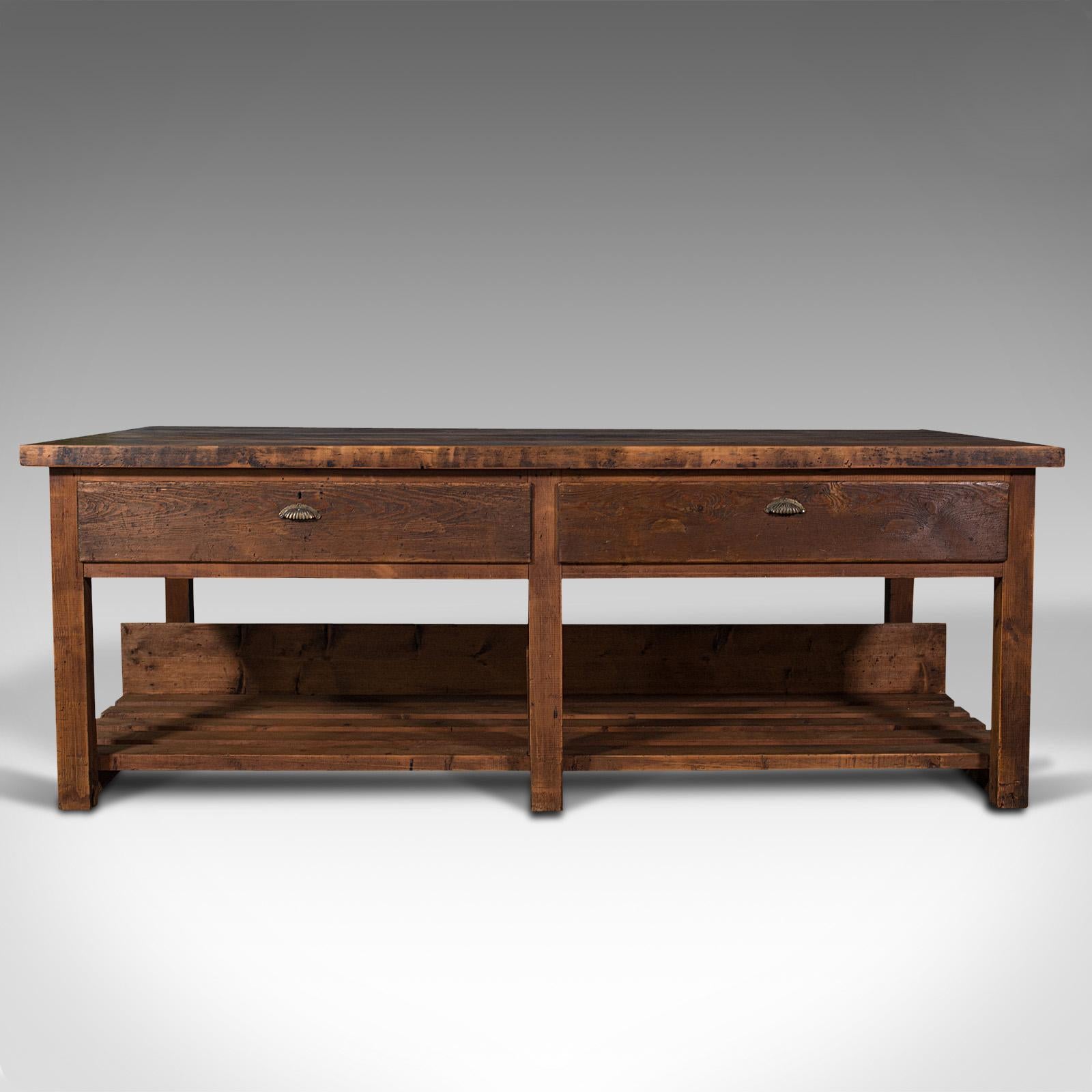 Large Antique Craftsman's Table, Pine, Kitchen Island, Retail, Bench ...