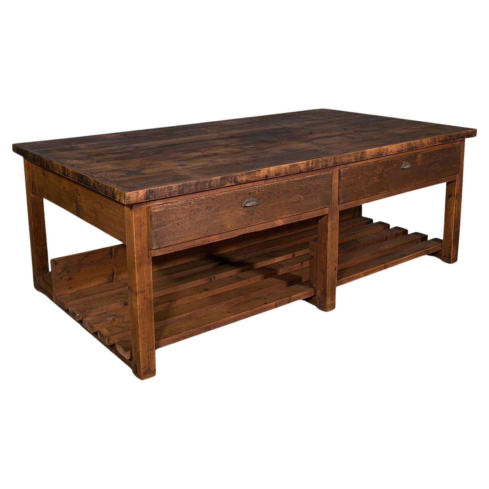 Large Antique Craftsman's Table, Pine, Kitchen Island, Retail, Bench ...