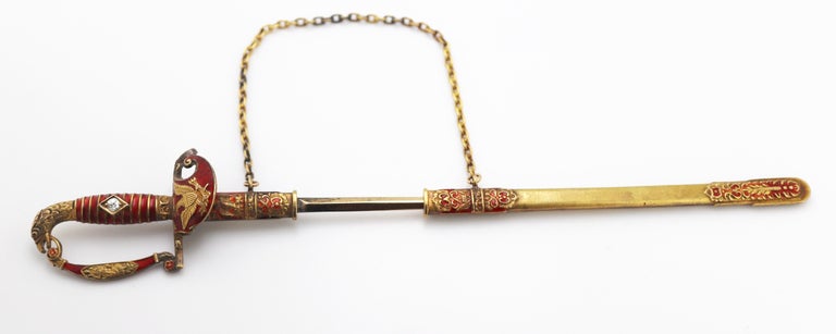 Large Antique Diamond, Enamel, Yellow Gold Sabre Jabot Pin with ...