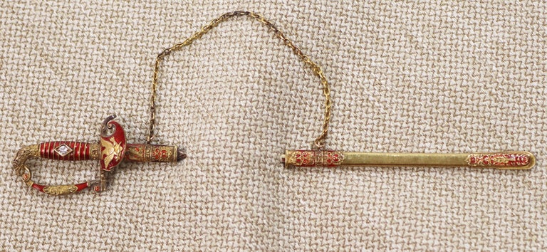 Large Antique Diamond, Enamel, Yellow Gold Sabre Jabot Pin with ...