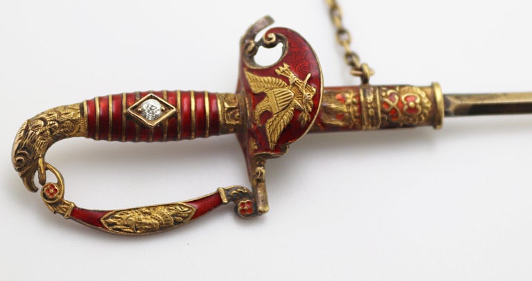 Large Antique Diamond, Enamel, Yellow Gold Sabre Jabot Pin with ...