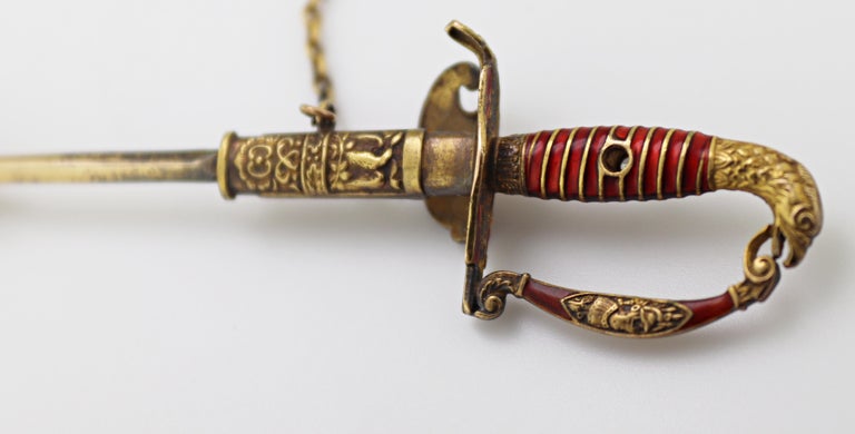 Large Antique Diamond, Enamel, Yellow Gold Sabre Jabot Pin with ...