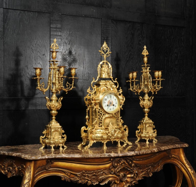 Large Antique French Baroque Gilt Bronze Clock Set by Japy Freres at ...