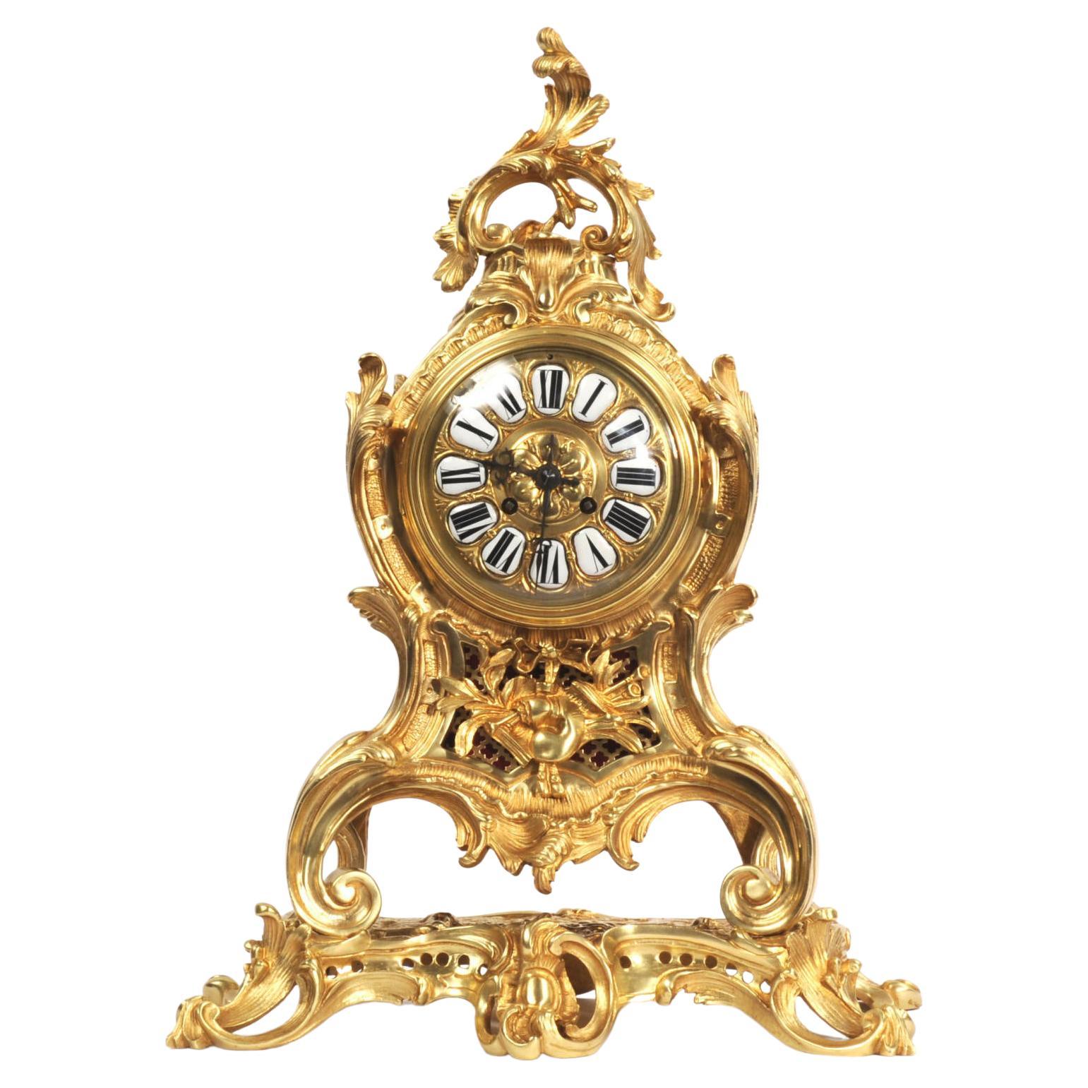 Antique French Louis XV Style Ormolu Rococo Clock Set For Sale at 1stDibs