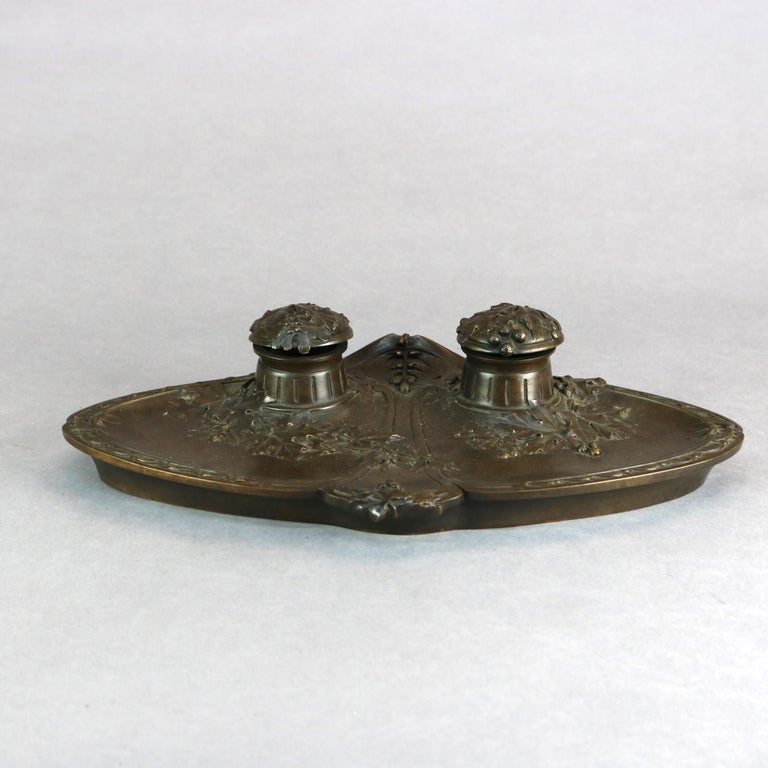 Large Antique French Oak Leaf Repousse Bronze Double Inkwell and Tray ...