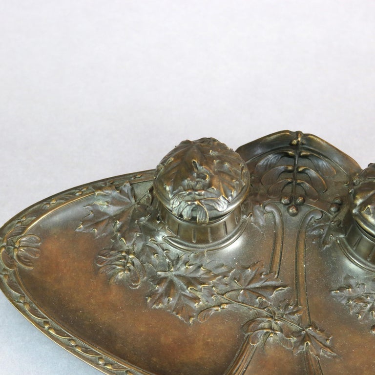 Large Antique French Oak Leaf Repousse Bronze Double Inkwell and Tray ...