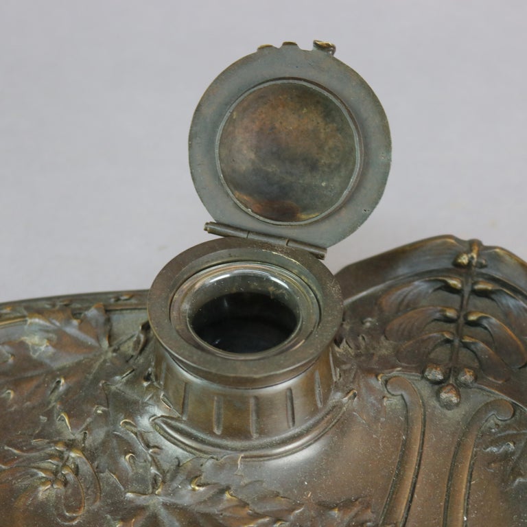 Large Antique French Oak Leaf Repousse Bronze Double Inkwell and Tray ...