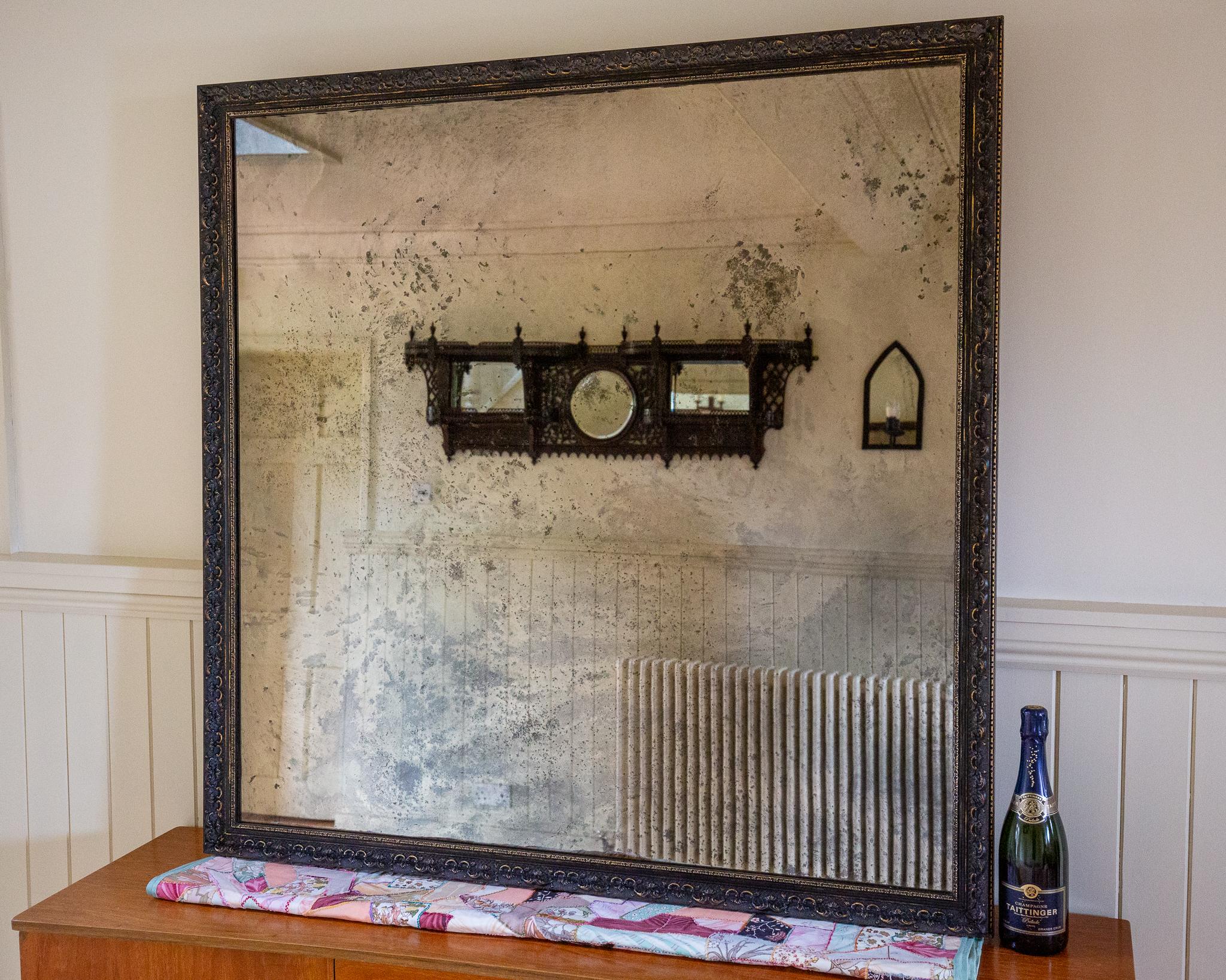 Large Antique French Statement Mirror Antiqued Foxed Glass Carved Wood ...