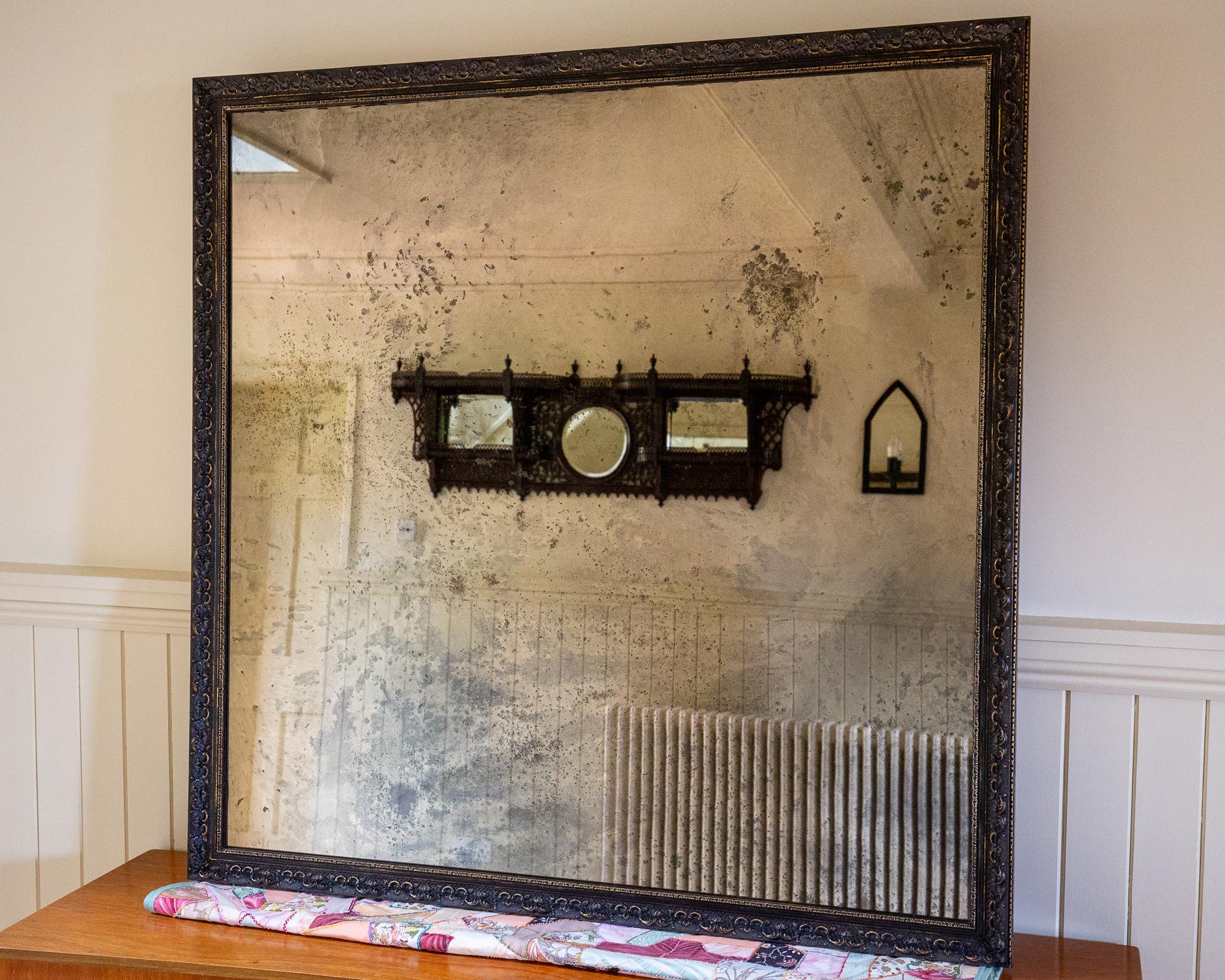 Large Antique French Statement Mirror Antiqued Foxed Glass Carved Wood ...