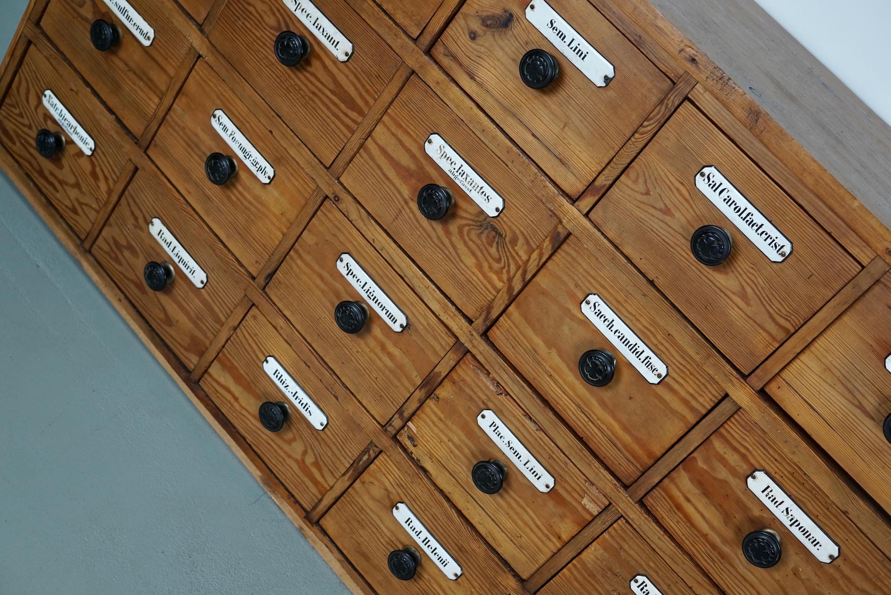 Large Antique German Pine Apothecary Cabinet with Enamel Shields, 1900s ...