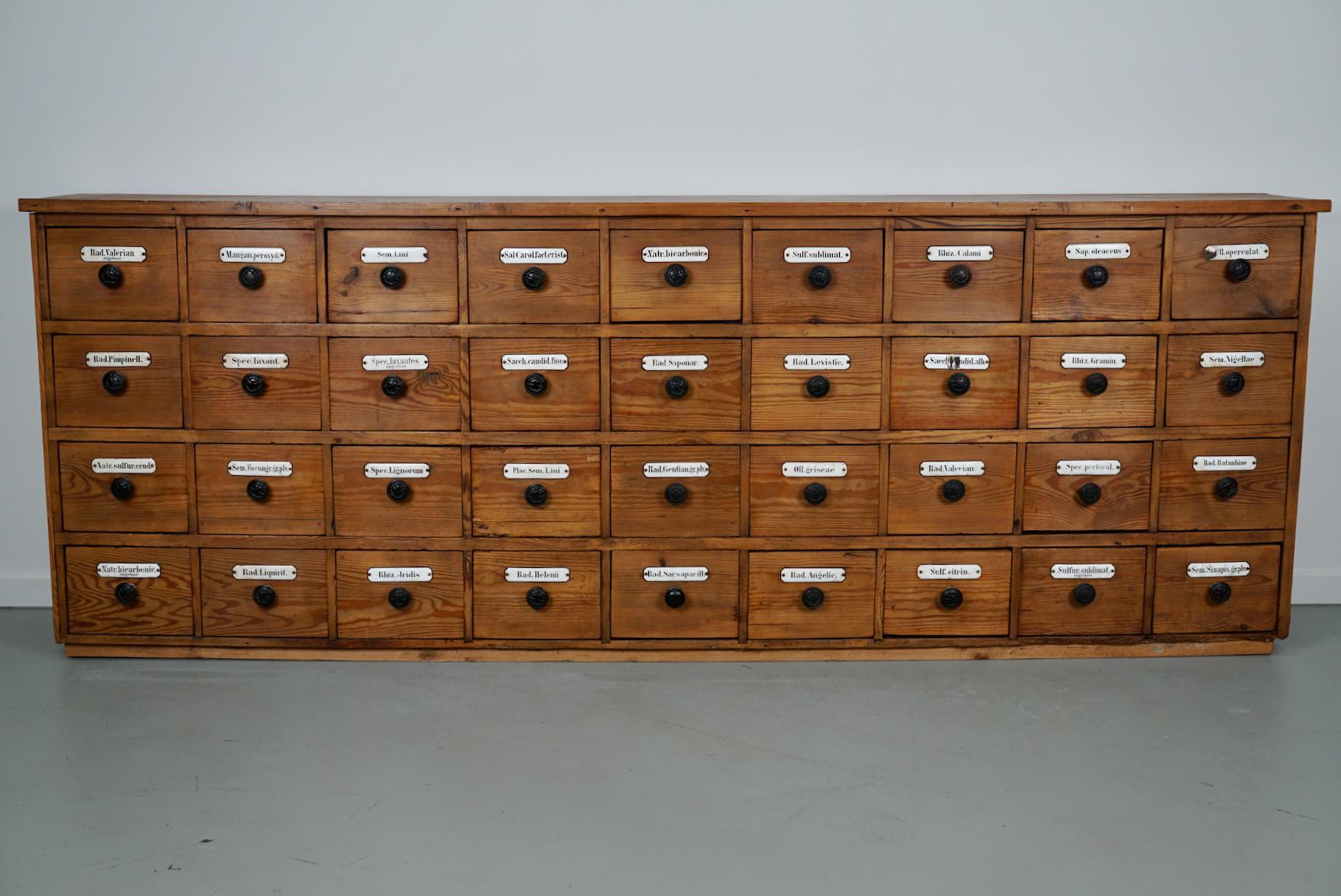 Large Antique German Pine Apothecary Cabinet with Enamel Shields, 1900s ...