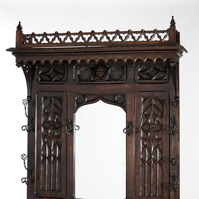 Large Antique Gothic Revival Figural Carved English Oak Hall Mirror ...