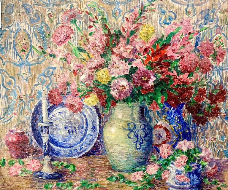Large Antique Impressionist Floral Still Life Oil Painting Signed R.M ...