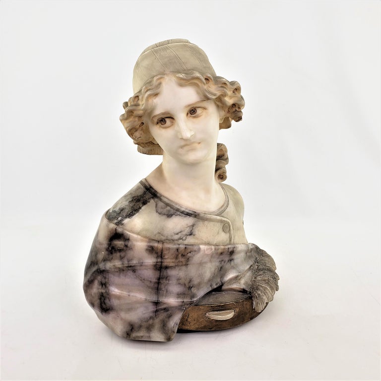 Large Antique Italian Artist Signed Hand Carved Marble Bust Of A Female