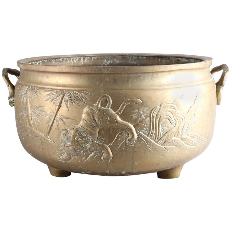 Large Antique Japanese Meiji Dragon and Tiger Embossed Bronze ...