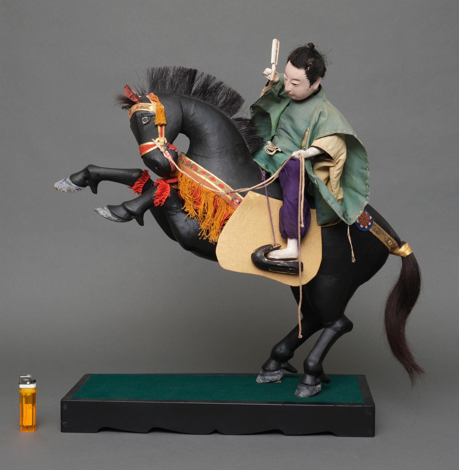 Large antique Japanese samurai doll 武者人形 (Musha ningyô): black horse ...