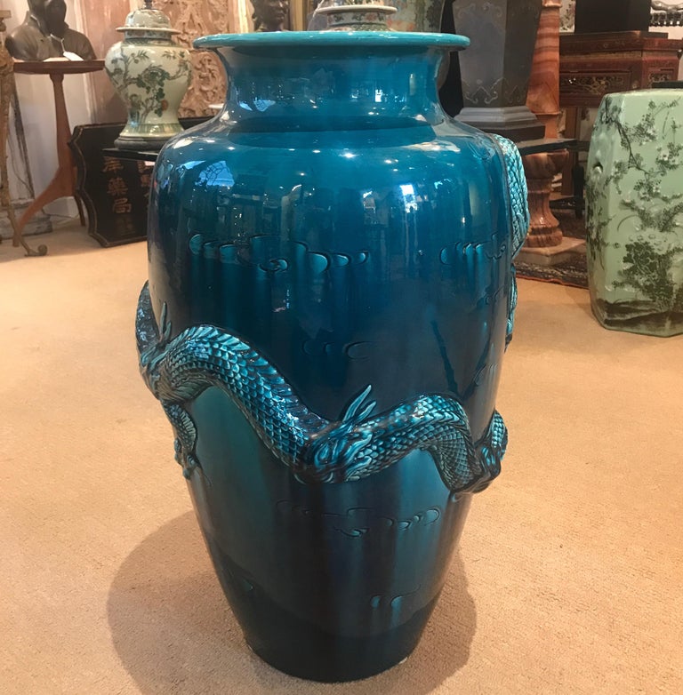 Large Antique Japanese Vase with Teal Flambe Glaze and Dragon at 1stDibs