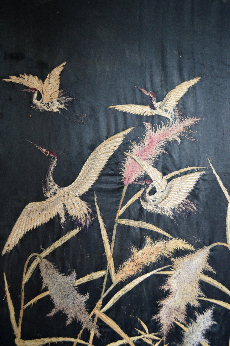 Large Antique Japonisme Hand Embroidery Silk Tapestry, Cranes, Japan ...