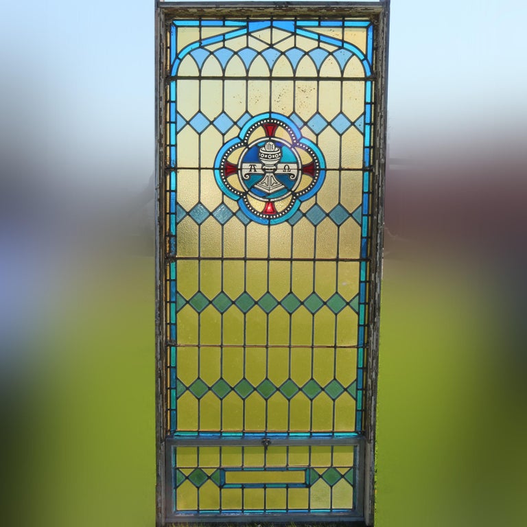 Large Leaded Stained Glass Alpha and Omega Architectural Window, circa ...