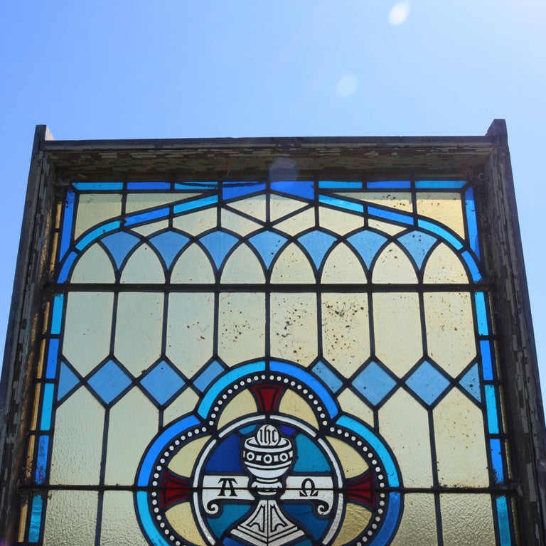 Large Leaded Stained Glass Alpha and Omega Architectural Window, circa ...