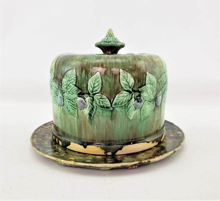 Large Antique Majolica Covered Cheese Server or Dome with Leaf and ...