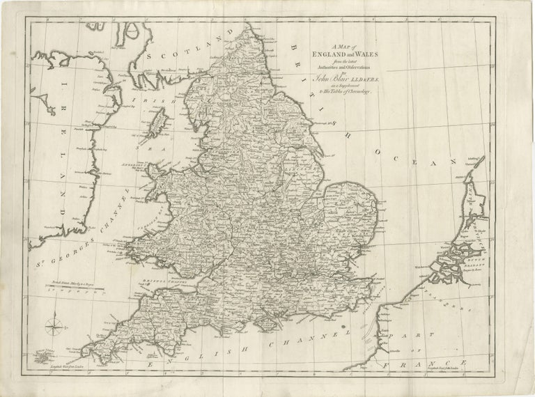 Large Antique Map England and Wales, with Part of the Coastlines For ...