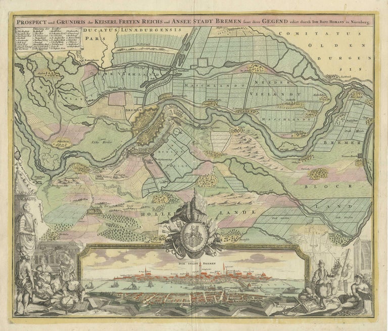 Large Antique Map of the City of Bremen and Surroundings, Germany For ...