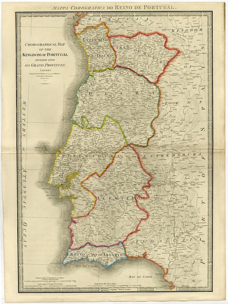 Large Antique Map of the Kingdom of Portugal in Original Colors, 1854 ...