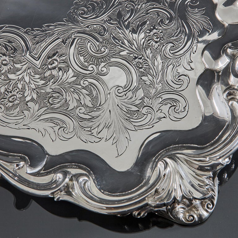 Large Antique Oblong Silver Tray For Sale at 1stDibs
