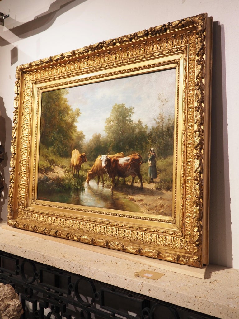 Large Antique Oil on Canvas French Pastoral Cow Painting, Signed and ...