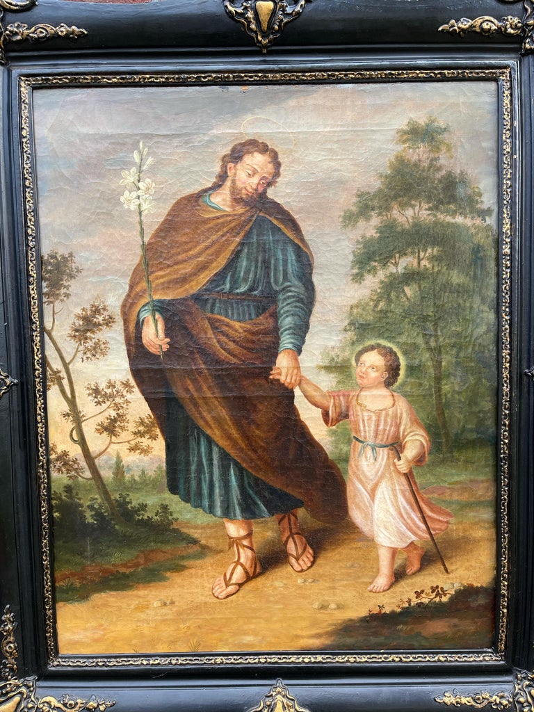 Large Antique Oil on Canvas Painting of Saint Joseph W. Lily and the ...