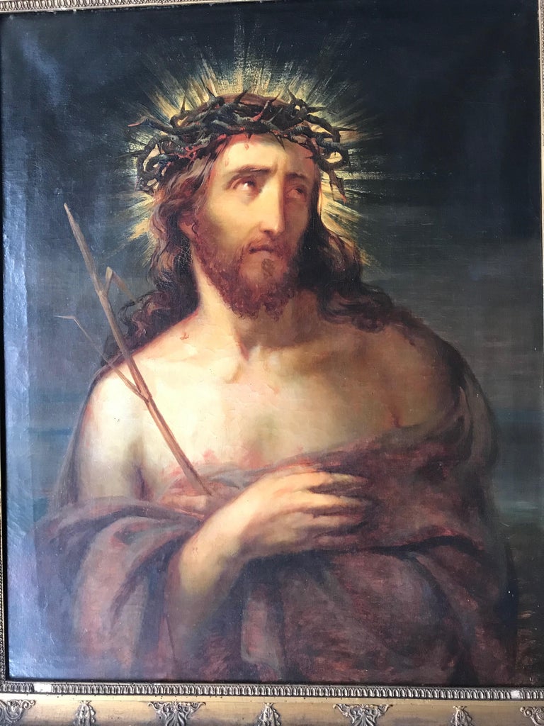 Large Antique Oil on Canvas Portrait Painting of Jesus Christ in Wooden ...