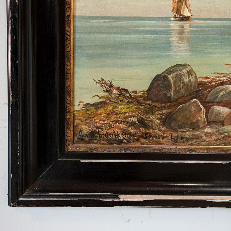 Large Antique Original Oil On Canvas Painting Of Sailboat Seascape