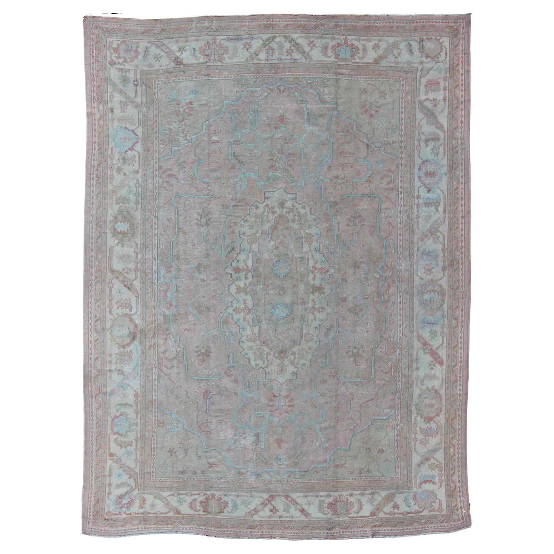 Large Antique Oushak Carpet in Light Pink Background with Light Blue ...