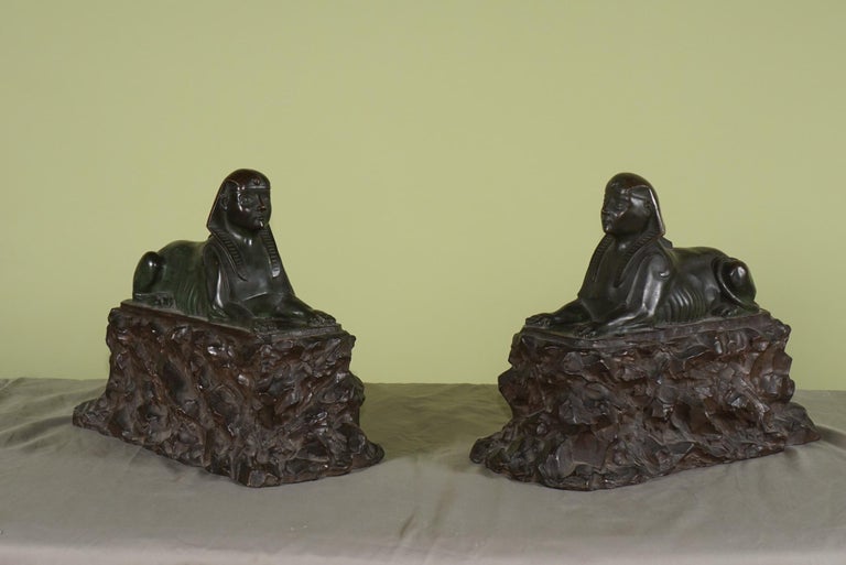 Large Antique Pair of Bronze Sphinxs on Rocky Bases For Sale at 1stDibs