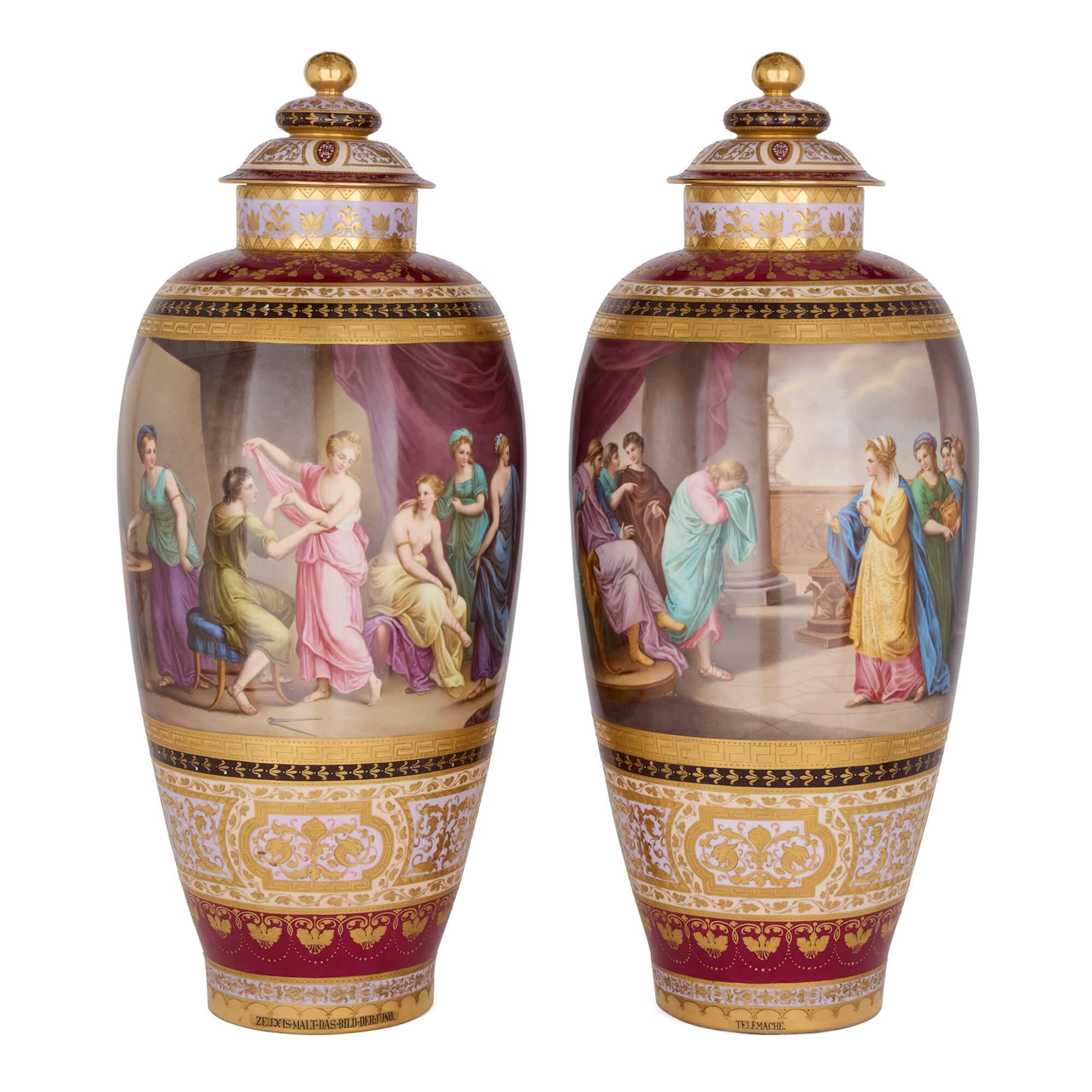 Large Antique Pair of Royal Vienna Vases with Lids For Sale at 1stDibs