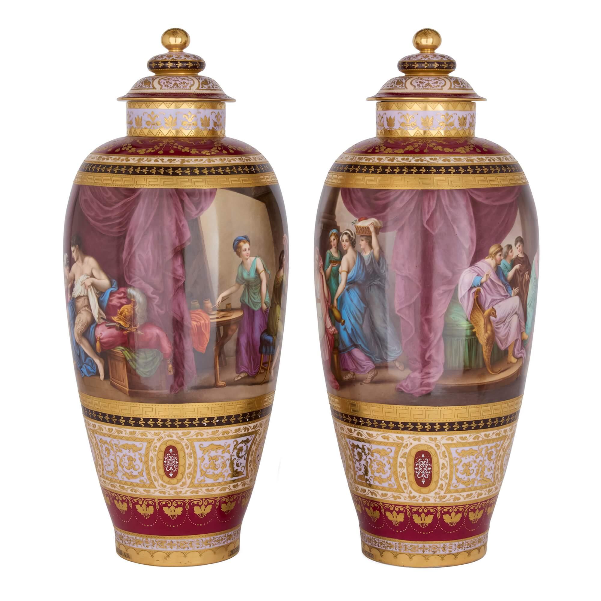 Large Antique Pair of Royal Vienna Vases with Lids For Sale at 1stDibs