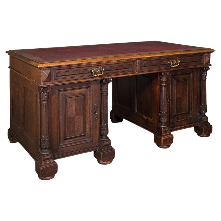 Large Antique Pedestal Desk, English, Oak, Gothic Revival, Victorian ...