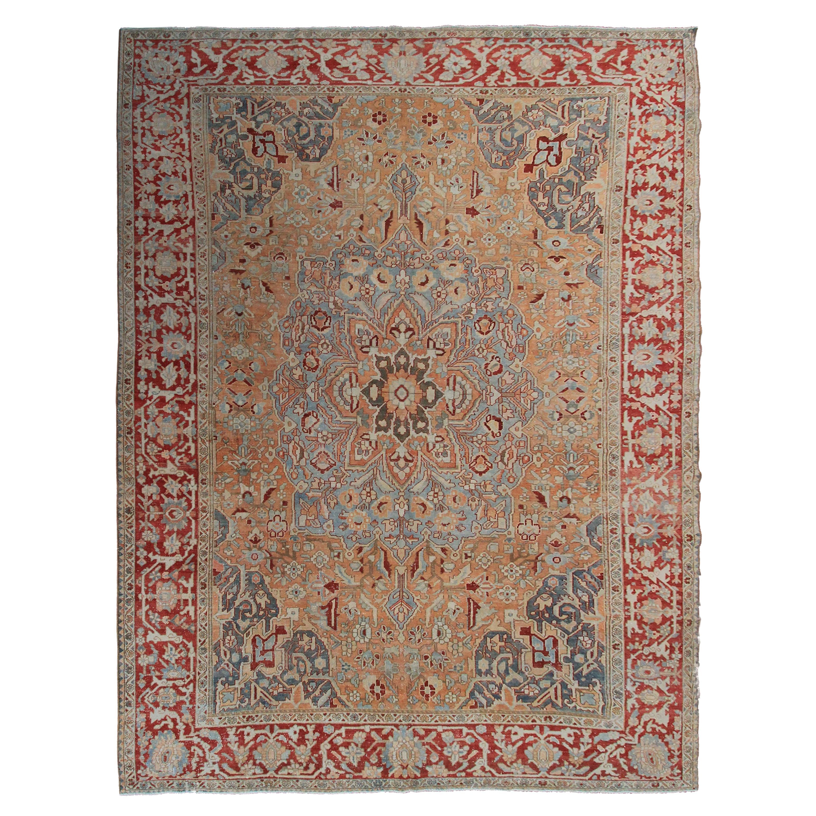 Large Antique Persian Heriz Serapi Rug Ivory Geometric For Sale at 1stDibs